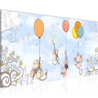 Runa Art Wandbild Kinderzimmer Maus 1 Teilig 100 x 40 cm Modern Bild auf Vlies Leinwand Baby Babyzimmer Spielzimmer Blau Bunt 008012a