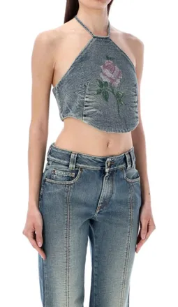 Alessandra Rich Embellished Rose Denim Halterneck Top & Jeans Set Size XS