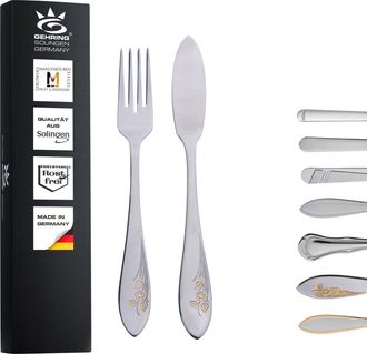 Gehring SOLINGEN I Gehring Flower Fischbesteck - Fischmesser & Fischgabel I Made in Germany, Edelstahl 18/10, Dekorvergoldet, Set f&uuml;r 6 Personen, 12 teilig