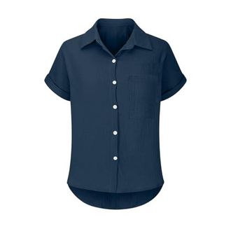 Generic Chemise en lin pour femme - Manches courtes - Col en V - Boutonn&eacute; - D&eacute;contract&eacute; - En mousseline - Chemisier basique - L&eacute;ger et respirant - Chemisier d