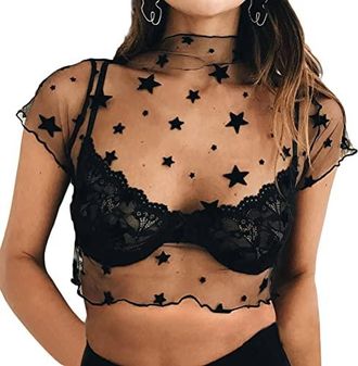 ORANDESIGNE T-Shirt à Manches Courtes en Maille pour Femmes Mesh Crop Top Y2k Sexy Transparent Haut en Résille Perspectif Slim Fit Fête Blouse Clubwear J Noir M