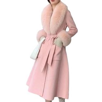 Generic Manteau mi-long en laine mélangée avec col et ceinture en fausse fourrure pour femme, Pnnrk, XL