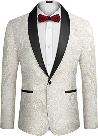 Coofandy Coofandy Blouson Smoking Floral brod&eacute; de Luxe pour Homme pour Mariage, f&ecirc;te, d&icirc;ner, Blanc, Taille M