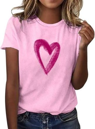 Generic 2026 T-shirts graphiques &agrave; manches courtes pour femme avec motif coeur imprim&eacute; (2), rose, XXL