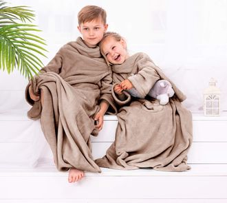 Decoking Kinder Decke mit Ärmeln 90x105 cm Beige Microfaser TV Decke Kuscheldecke Weich Fleecedecke Kiddo