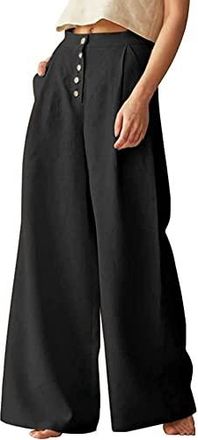 Lazutom Pantalon Palazzo d&eacute;t&eacute; d&eacute;contract&eacute; en coton et lin avec poches pour femme, Noir, 48
