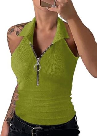 Onsoyours Débardeur Femme Sexy Col en V Revers Fermeture Éclair Tshirt sans Manches Blouse DÉté Gilet Tops Slim Shirt Haut Casual Chic Pull Blouse Vert XL