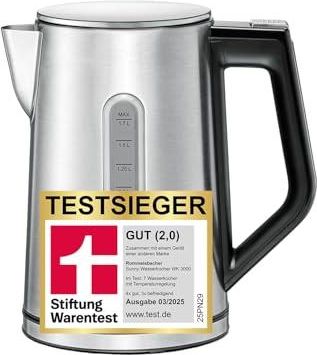 Rommelsbacher Wasserkocher WK 3000 - Stiftung Warentest Sieger 3/2025, 1,7 Liter, 1-Tasten-Steuerung, Stellstart-Funktion, Temperaturwahl von 45-100 °C, geschlossen