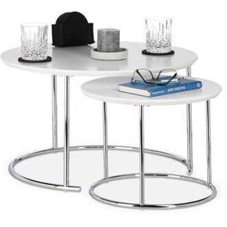 Relaxdays Relaxdays Table gigogne Set de 2 Table de Salon petite ronde mate, Table basse bois et métal chromé 60x60 cm, blanc