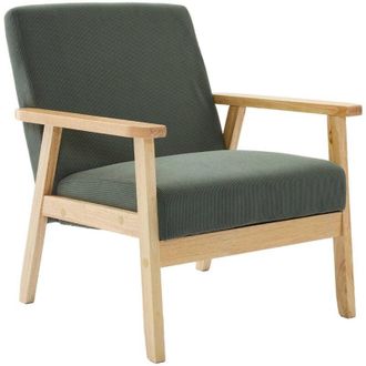 Sweeek Fauteuil vintage / scandinave structure en bois et contreplaqu&eacute; et assise en velours c&ocirc;tel&eacute; vert kaki