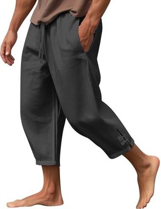 Generic Sarouel pour homme - Pantalon dété en coton de couleur unie avec cordon de serrage - Pantalon de plage taille élastique avec poche - Pantalon respiran