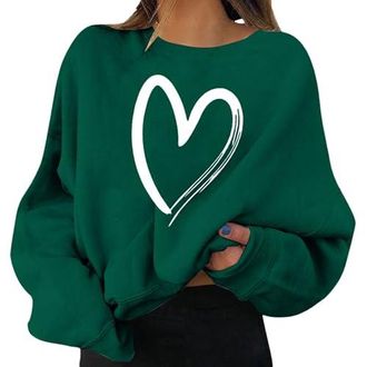 Generic Pull &agrave; manches longues et col rond imprim&eacute; graphique pour femme pour la Saint-Valentin 2026, vert fonc&eacute;, XXL