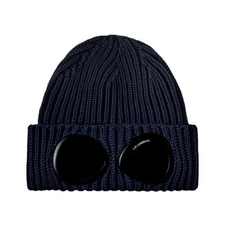 C.P. Company C.p. Company - Bonnet en maille c&ocirc;tel&eacute;e avec d&eacute;tail de lunettes sur le devant - Homme - Accessoires - Bleu - Taille: ONE Size