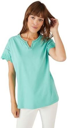 Damart T-Shirt Broderies Anglaises Pur Coton, Femme, Col Tunisien, Vert, 42/44