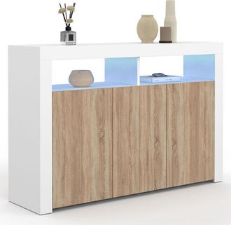 IDMarket Sideboard 110 cm ELIGHT 3 T&uuml;ren mit LED und Nischen wei&szlig; und Holz in Buchenoptik