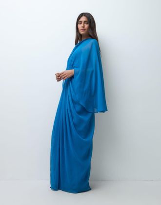 Asos Maxikleid in Dunkelblau mit drapiertem Cape-Oberteil, Rock, R&uuml;ckenausschnitt und Quastendetail