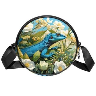 Generic Petit sac &agrave; bandouli&egrave;re circulaire pour femme, motif l&eacute;zard fleur, sac &agrave; dos &agrave; bandouli&egrave;re avec fermeture &eacute;clair, bretelles r&eacute;glables, sac &agrave; main rond