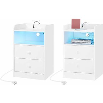 Woltu Lot de Tables de Chevet avec Station de Charge, Table dAppoint avec Lumi&egrave;re LED en Bois, Blanc