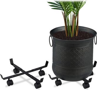 Relaxdays Pflanzenroller ausziehbar, 2er Set, innen & außen, Rolluntersetzer für Blumentopf bis 43 cm Ø, Metall, schwarz