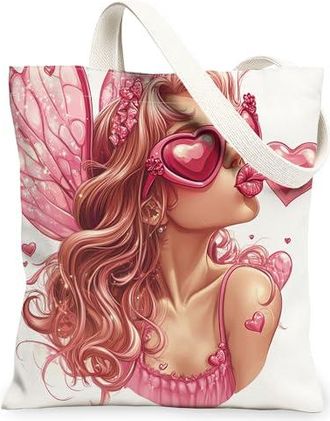 Generic Sac fourre-tout amusant en toile pour la Saint-Valentin, pour faire du shopping, 33 x 38,1 cm, sac d&eacute;picerie r&eacute;utilisable pour femme, peinture esth&eacute;ti