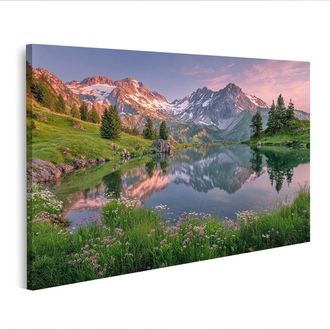 Islandburner Prime Bild auf Leinwand Bergsee Im Morgenlicht Majest&auml;tische Gipfel Und Blumenpracht - Leinwand 100x57cm