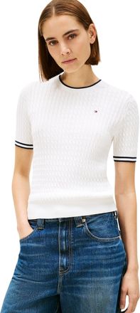 Tommy Hilfiger Damen Co Cable Fine Gg C-nk S/S SWT Ww0ww41787 Pullover, Wei&szlig; (Ecru Tipping), 3XL Gr&ouml;&szlig;en Tall