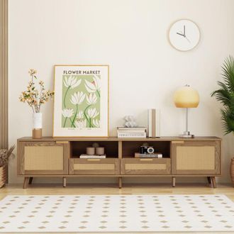 Liberte Meuble TV 200 cm, design rotin, pieds en bois massif, 2 portes, 2 tiroirs, rangement multim&eacute;dia