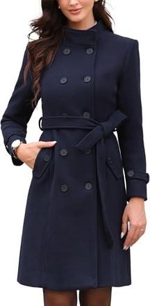 Allegra K Trench-Coat Crois&eacute; Femme Double Boutonnage Col Montant Caban &Eacute;l&eacute;gant Ceintur&eacute; avec Poches Manteau DHiver &agrave; Manches Longues Bleu profond S