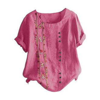 Generic T-shirt r&eacute;tro et lin brod&eacute; &agrave; manches courtes pour femme, Rose, XXL