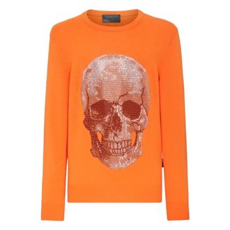 Philipp Plein Homme, Pulls, Orange, Taille: 4XL Pullover Round Neck Iconic Plein with Crystals