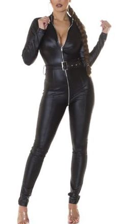 Koucla Gogo Combinaison aspect cuir &agrave; manches longues avec fermeture &eacute;clair chaude et ceinture, Noir, M