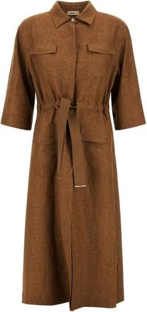 Herno Femme, Robes, Brun, Taille: 34 FR Robe Midi en Lin &agrave; Cordon de Serrage &agrave; la Taille
