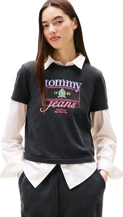 Tommy Jeans T-Shirt Graphique pour Femme avec Blason imprim&eacute; et Logo, Noir, M