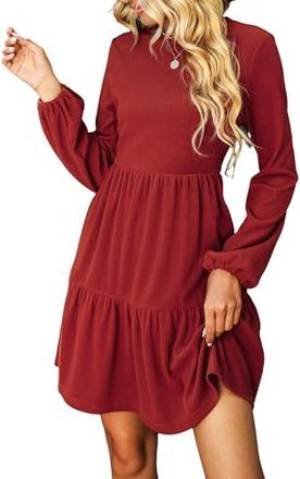 Cupshe Mini robes dautomne en tricot d&eacute;contract&eacute; &agrave; manches longues et col rond pour femme, robe pull courte fluide &agrave; volants, Rouge, Taille L