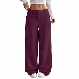 Generic Pantalon Palazzo ample en velours côtelé de couleur unie pour femme avec 4 poches, décontracté et confortable, bordeaux, XS
