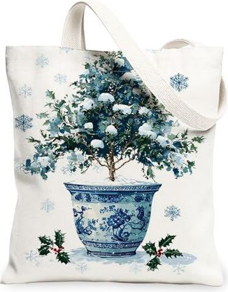 Generic Sacs fourre-tout en toile &agrave; motif floral dhiver, sacs de courses r&eacute;utilisables, vintage l&eacute;gers et lavables en toile pour voyage 33 x 38 cm