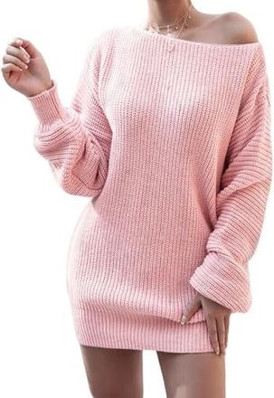 Generic Robe pull &agrave; manches longues et &eacute;paules d&eacute;nud&eacute;es pour femme, robe pull d&eacute;contract&eacute;e en tricot c&ocirc;tel&eacute; pour lautomne et lhiver, rose, XXL