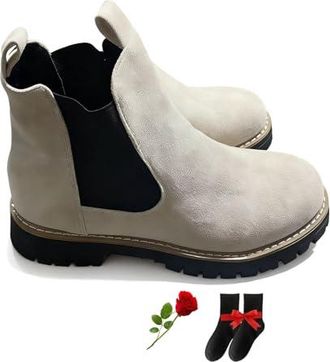 Generic Bottines à plateforme épaisse à enfiler pour femme, talon bas antidérapant, semelle à crampons, bottines dautomne confortables en daim, beige, 38.5 EU