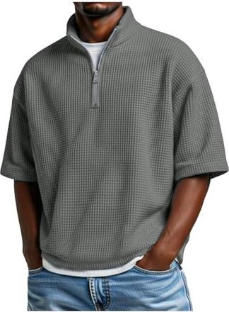 Generic Sweat-shirt d&eacute;contract&eacute; &agrave; col montant et fermeture &eacute;clair contrast&eacute;e pour homme, chemise gaufr&eacute;e &agrave; manches longues, pull ample pour les vacances, gris