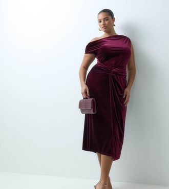 New Look Plus New Look Curve Midikleid mit &uuml;berschnittenen Schultern und Schlitzdetail in Burgunderrot