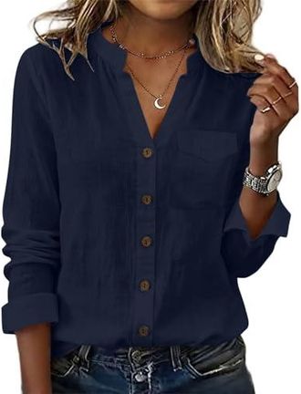 Generic Chemise boutonn&eacute;e en lin pour femme, col mandarin, manches longues, tunique d&eacute;contract&eacute;e avec poche de poitrine, hauts d&eacute;contract&eacute;s, bleu marine, XXL