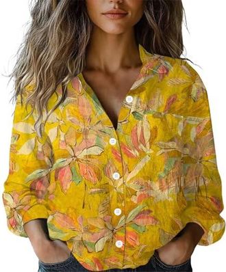 Generico Chemise Femme D&eacute;contract&eacute;e &agrave; Manches Longues Blouse Coton Et Lin &Eacute;l&eacute;gant Respirant T Shirt Col en V Classique Chemisier Vintage Imprim&eacute; avec Boutons D