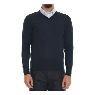 Hindustrie Merinowolle V-Ausschnitt Pullover - - Knitwear - Herren - Blau - 2XL