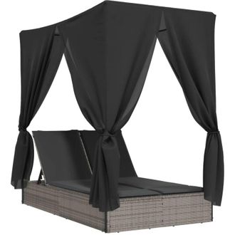 vidaXL Vidaxl - Chaise longue double avec toit et rideaux gris r&eacute;sine tress&eacute;e