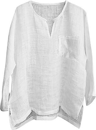 Generic Mashaouyo Chemise en lin pour homme - Chemise de plage fine &agrave; manches longues - Chemise blanche en lin - T-shirt fin &agrave; manches longues et col en V - T