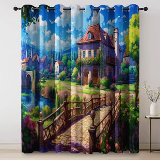 Generic Verdunkelungsvorhang Bunt Thermovorhang K&auml;lteschutz 2 St&uuml;ck T&uuml;rvorhang, Anime-Stil Dorf Steinbr&uuml;cke Weinreben Blickdicht &Ouml;senschal Gardinen Wohnzimmer