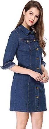Allegra K Robe en Denim à Manches 3/4 et Manches au Dessus du Genou pour Femmes Bleu Profond 3XL