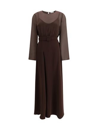 P.A.R.O.S.H. Womens Long Belted Dress Brown Polyester