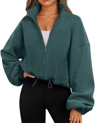 Generic Zip Up Hoodie Women Oversized Sweatshirt Fleece Cropped Jacket Fall Stand Collar Crop Workout Tops with Drawstring (FR/ES, Alpha/Lettres, TG, Taille N