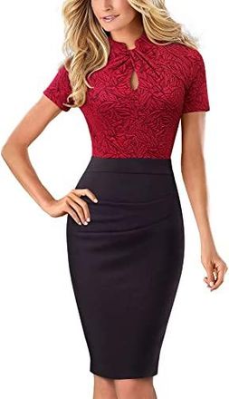 Homeyee Femmes Vintage Stand col Manches Courtes Moulante Affaires Crayon Robe B430 (EU 44 = Size XXL, Rouge + Noir)